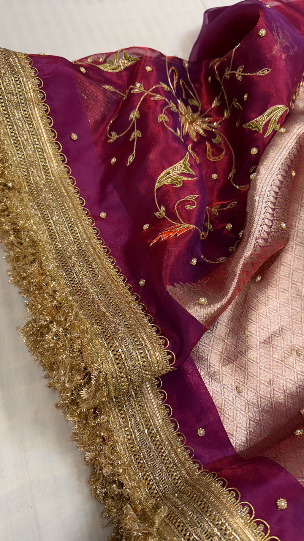 “Sagaai ki saree” — Midnight blueish-red dhup chao effect tissue silk ...