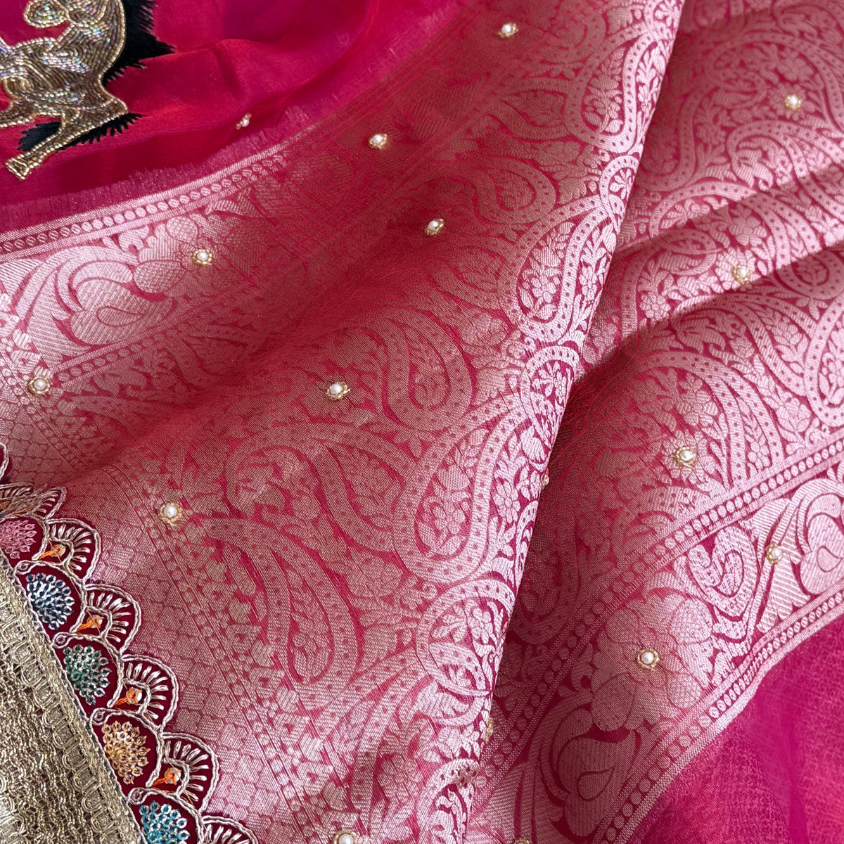 Horse hand embroidered motif cherry pinkish red dhup chao effect tissu ...