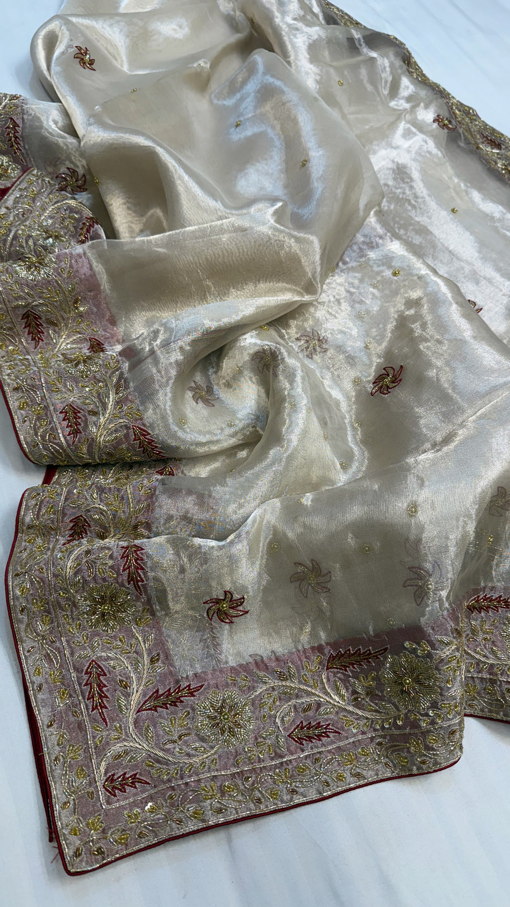 Gulab ki pankhuri husn tissue silk heavy zardozi border hand embroider ...