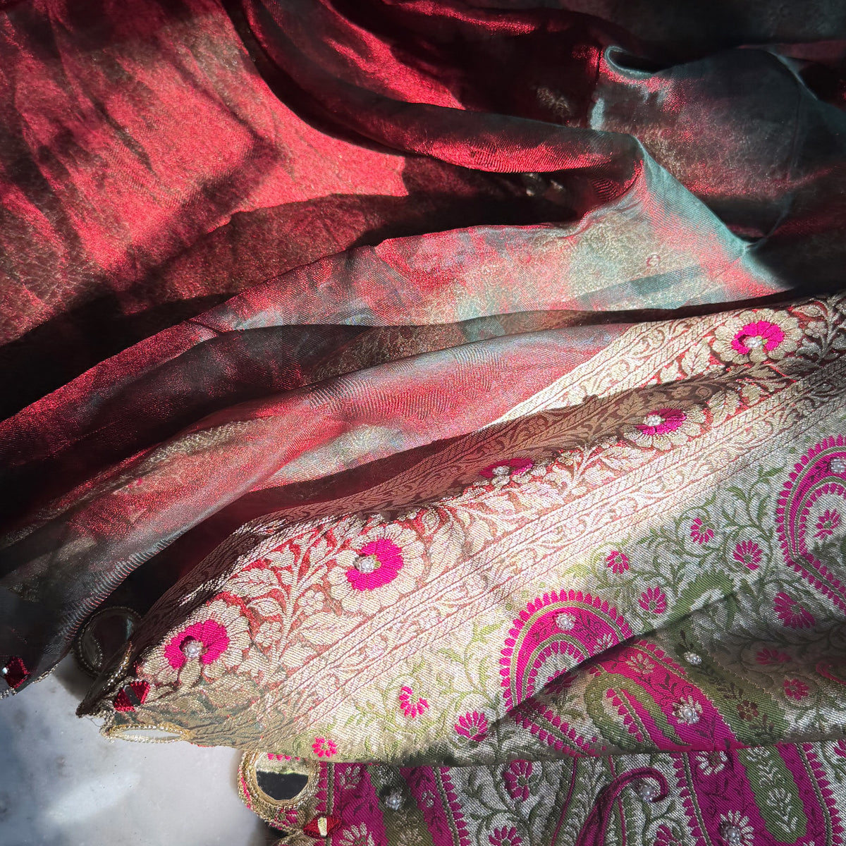 Teej special- Mirror work border maroonish red dhup chao effect tissue ...