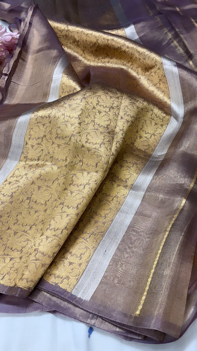 Pure banarasi dusty mouve tissue silk handwoven kadhwa buti saree with ...