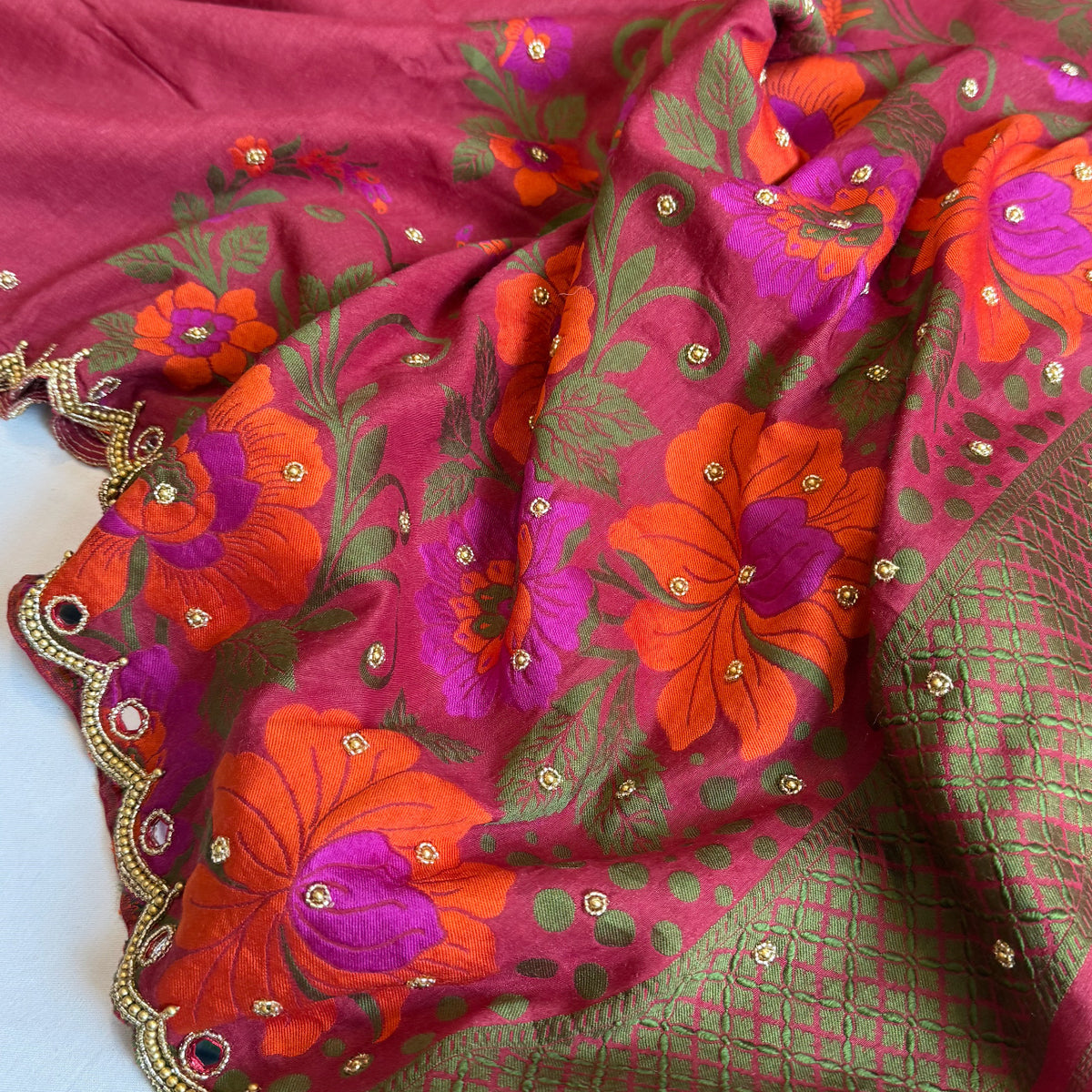 Moonga silk brick gajri pink resham work hand embroidered kadhwa saree ...