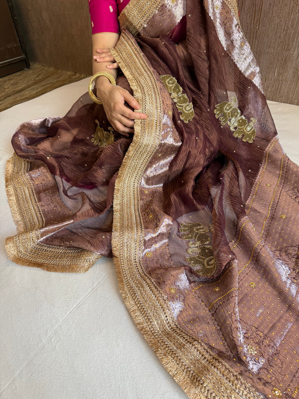 Elephant motif crushed tissue silk heavy hand embroidered saree ...