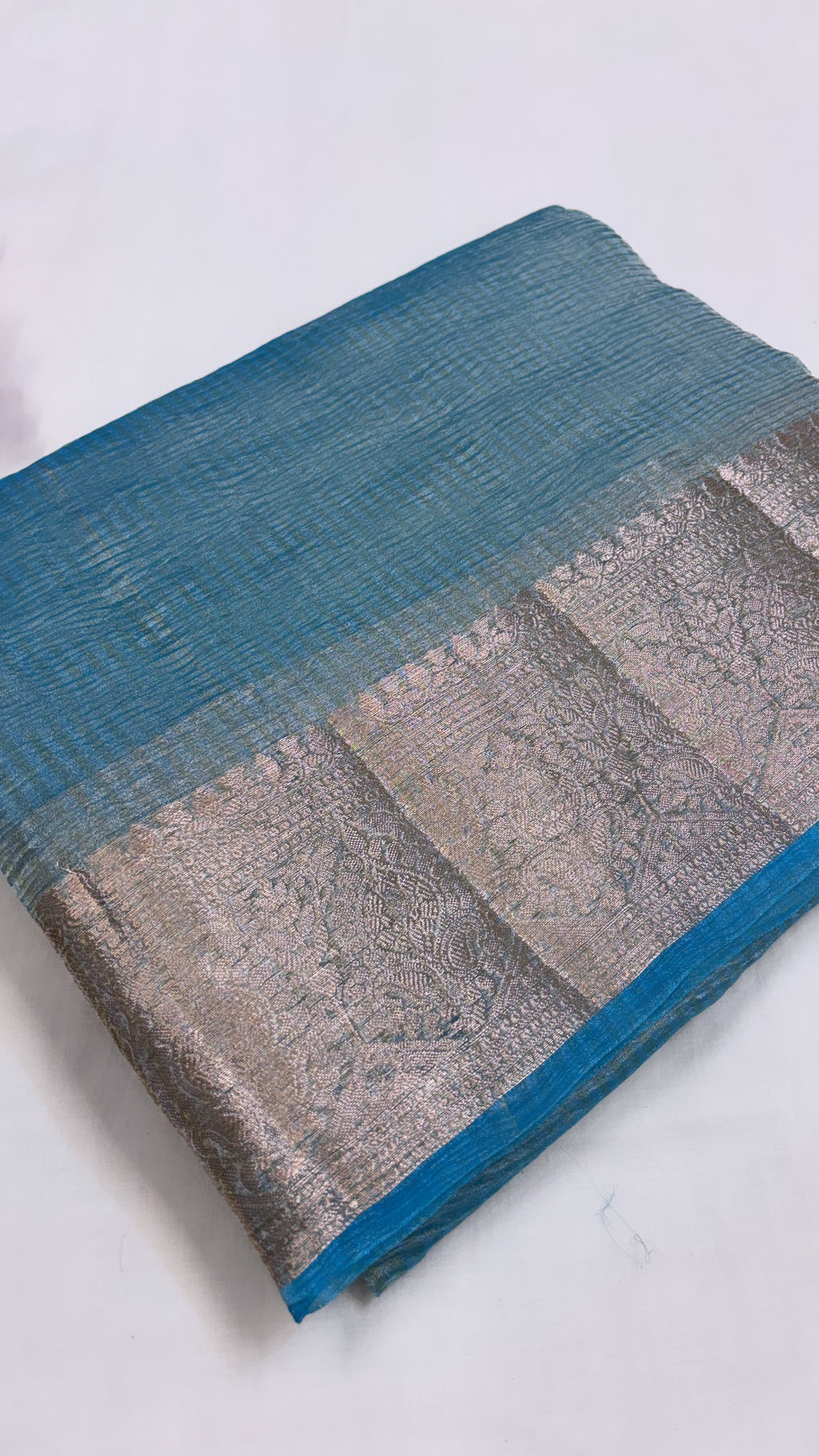 Pure banarasi firozi blue crushed tissue silk handwoven kadhwa saree w ...