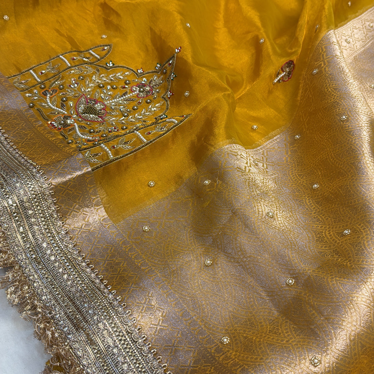 Haldi yellow husn tissue silk hand embroidered kadhwa saree – Safetyypins