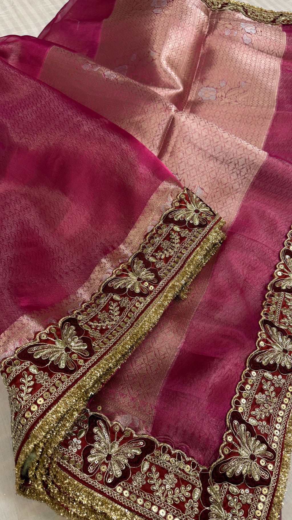 Soft strawberry pink maharani tissue silk meeenakari border saree ...