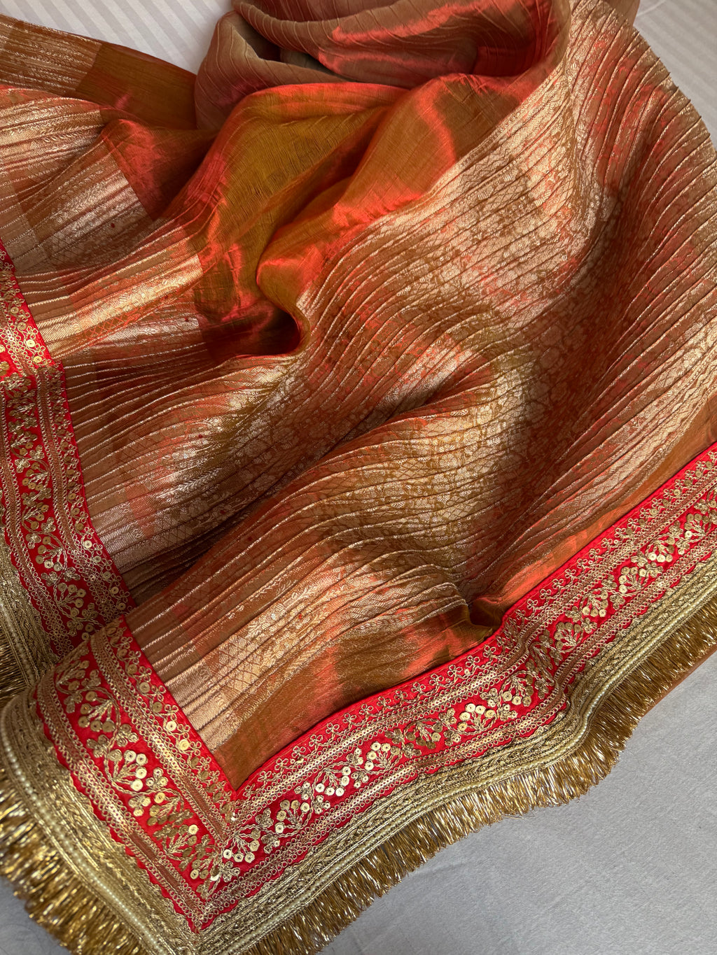 Metallic fanta orange dhup chao effect pleated maharani tissue silk sa ...