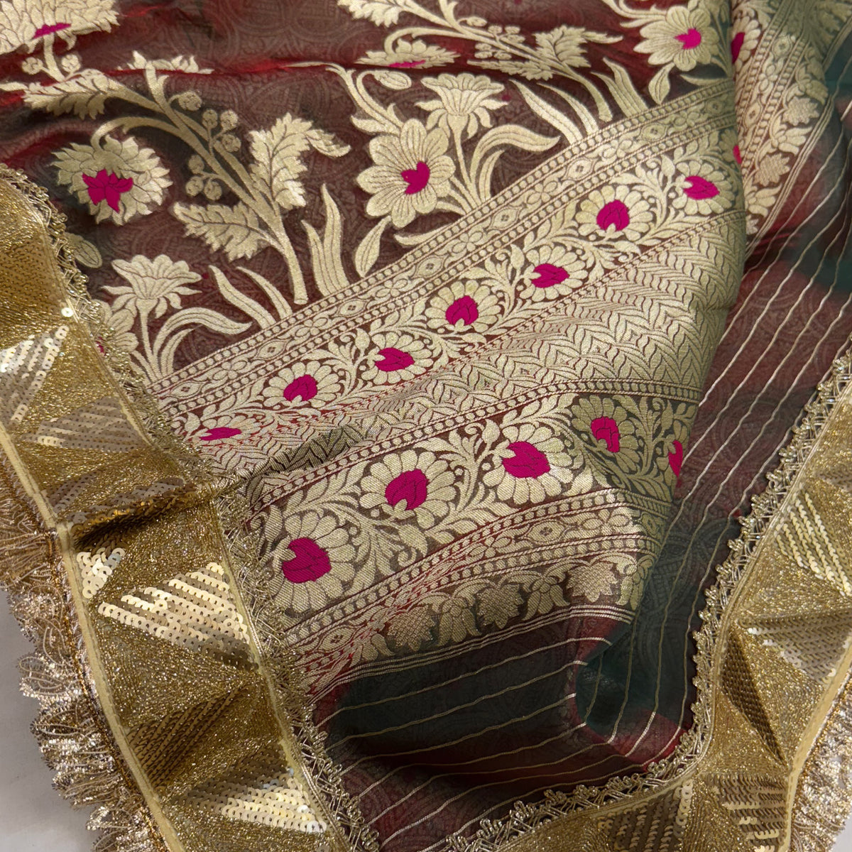 Maharani blood red dhup chao effect tissue silk meenakari saree ...