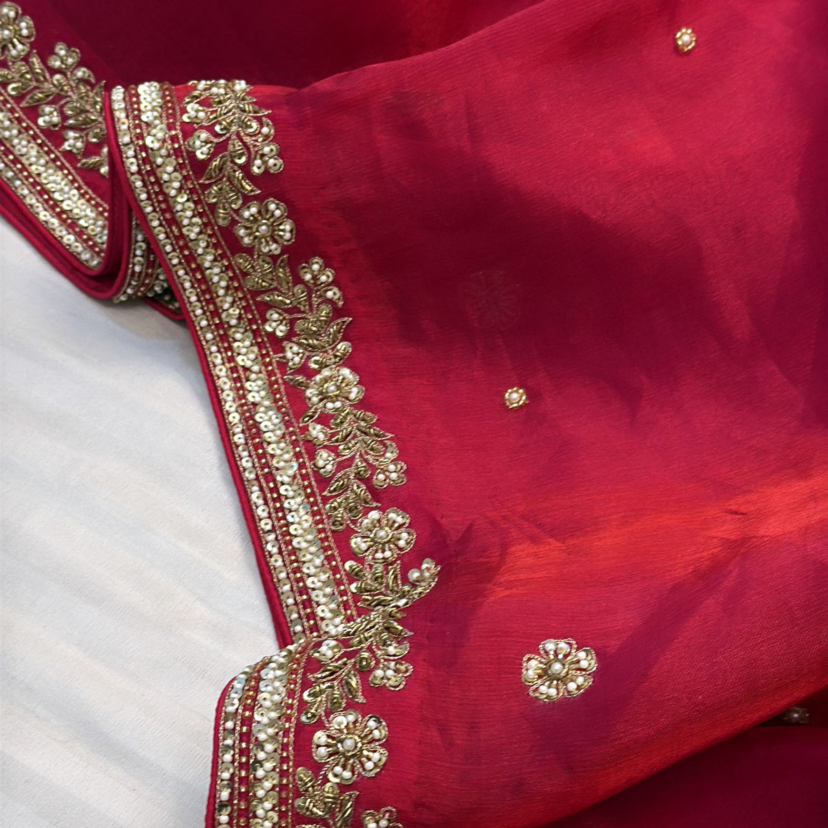 Dhup chao effect red rani tissue silk zardozi hand embroidered banaras ...