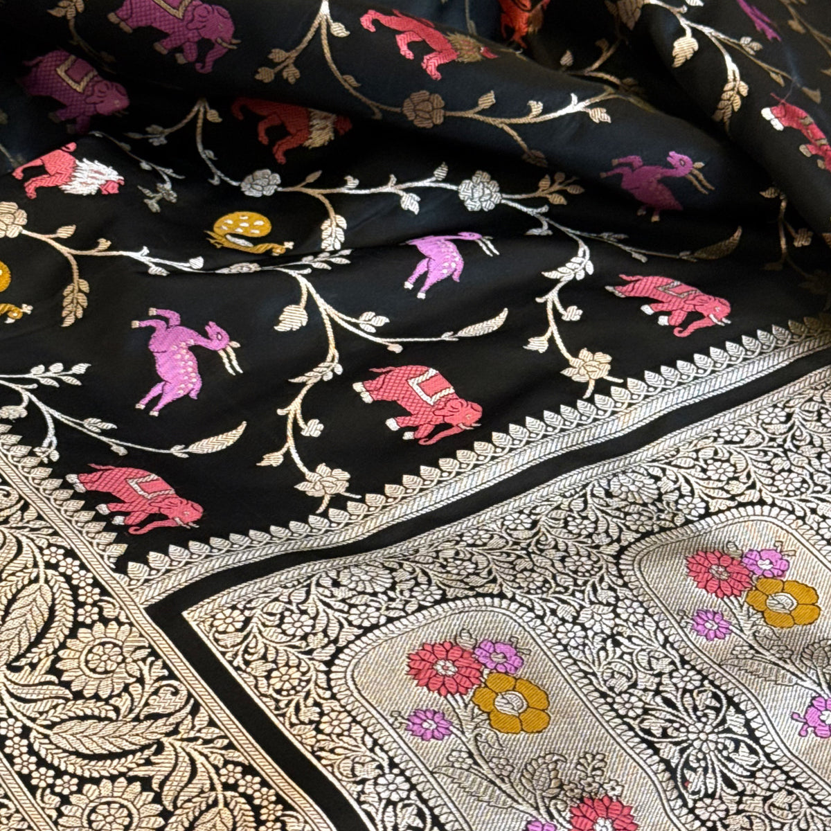 Black mashru satin silk shikargah motif Banarasi suit set – Safetyypins
