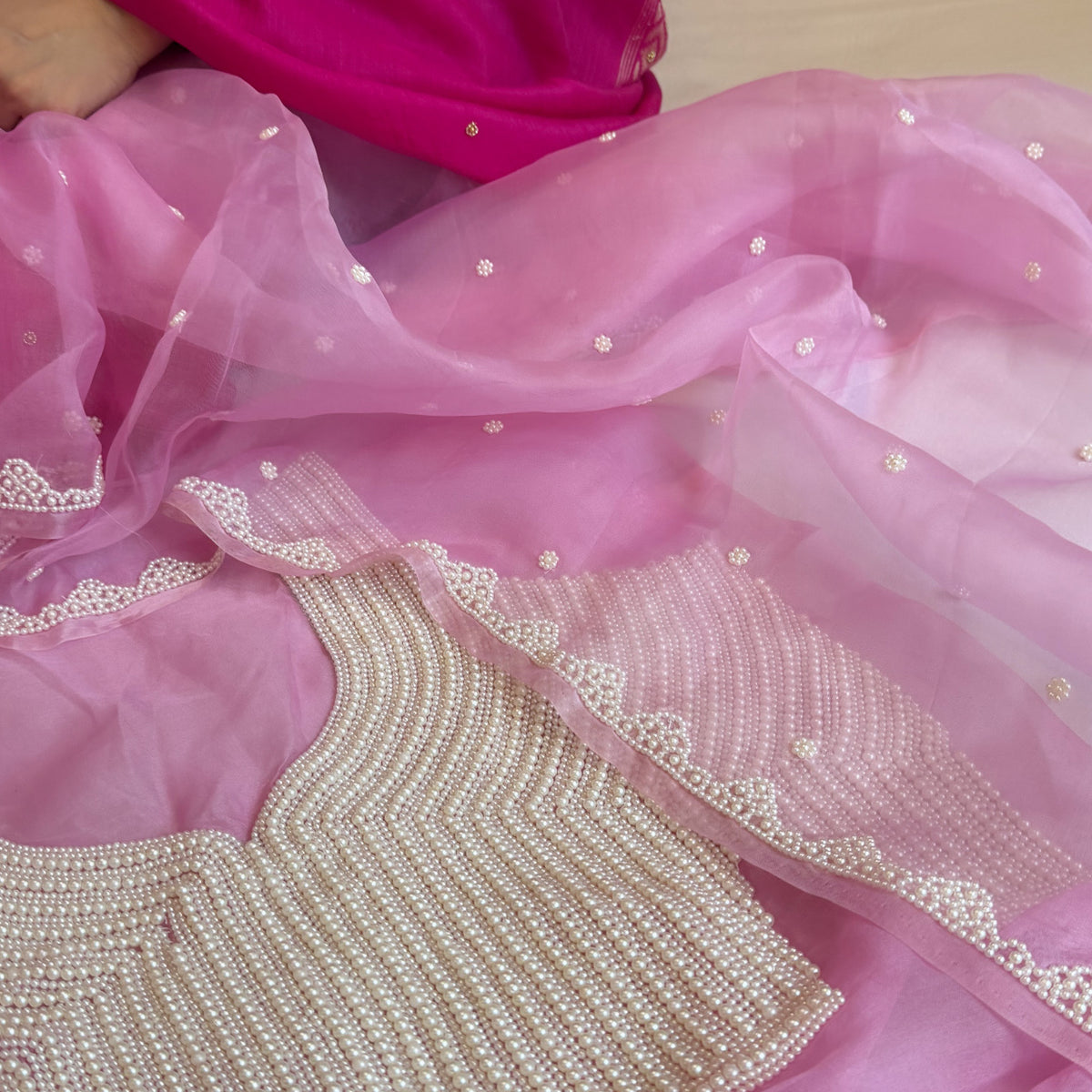 Blush pink kora silk pearl work hand embroidered saree – Safetyypins