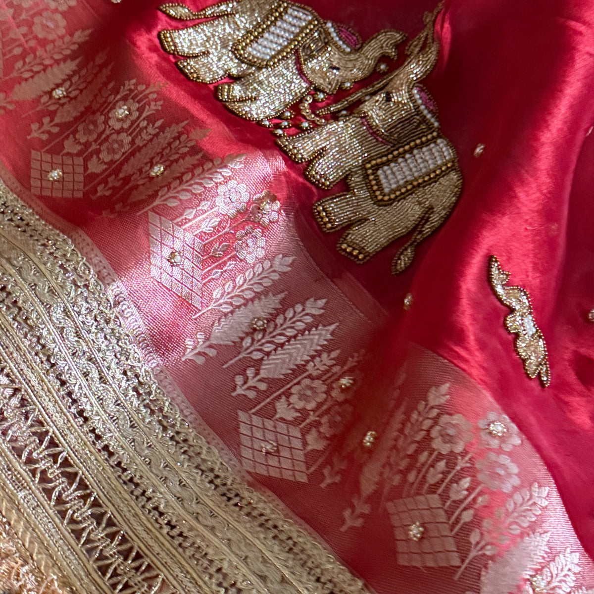 Phere wali saree - Metallic red tissue silk elephant motif hand embroi ...