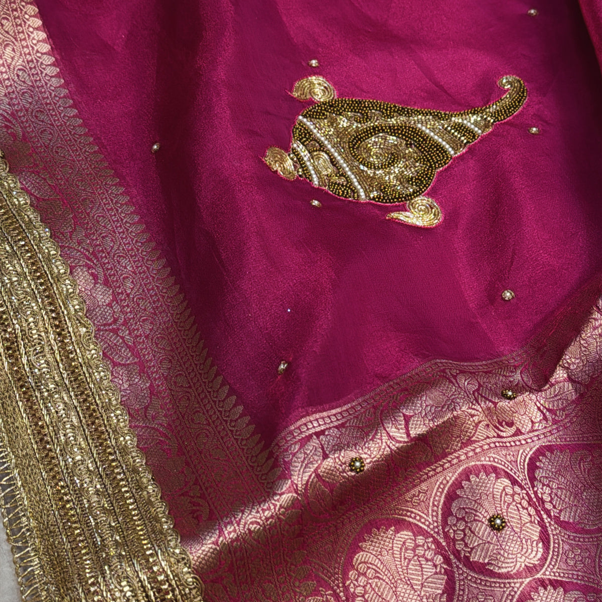 Wedding edit - Husn hot pink shankh motif hand embroidered tissue silk ...