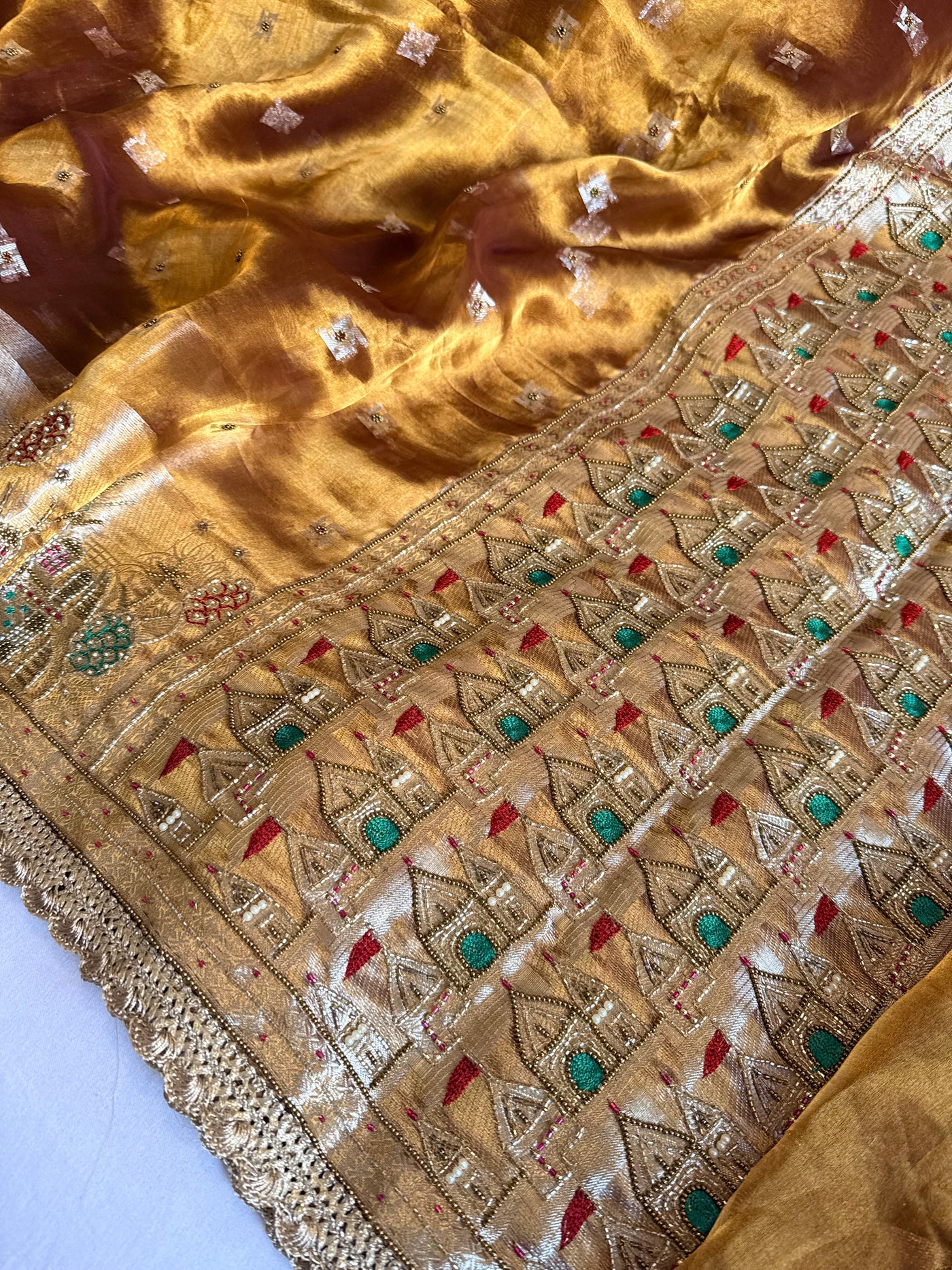 Ganga-darshan edit - Tissue silk kanjivaram bronze gold hand embroider ...