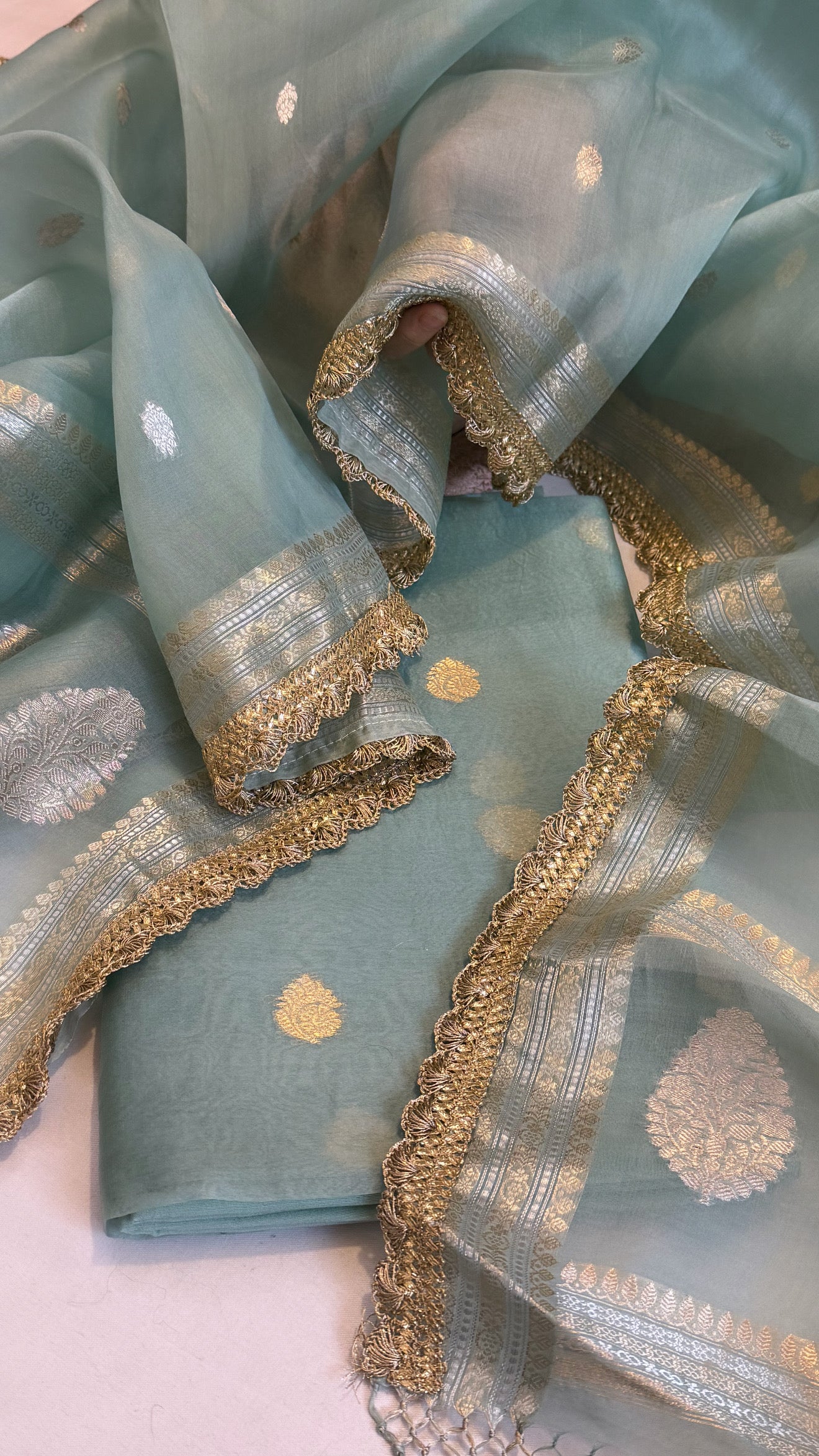 Banarasi powder blue kora silk kadhwa buti suit set – Safetyypins