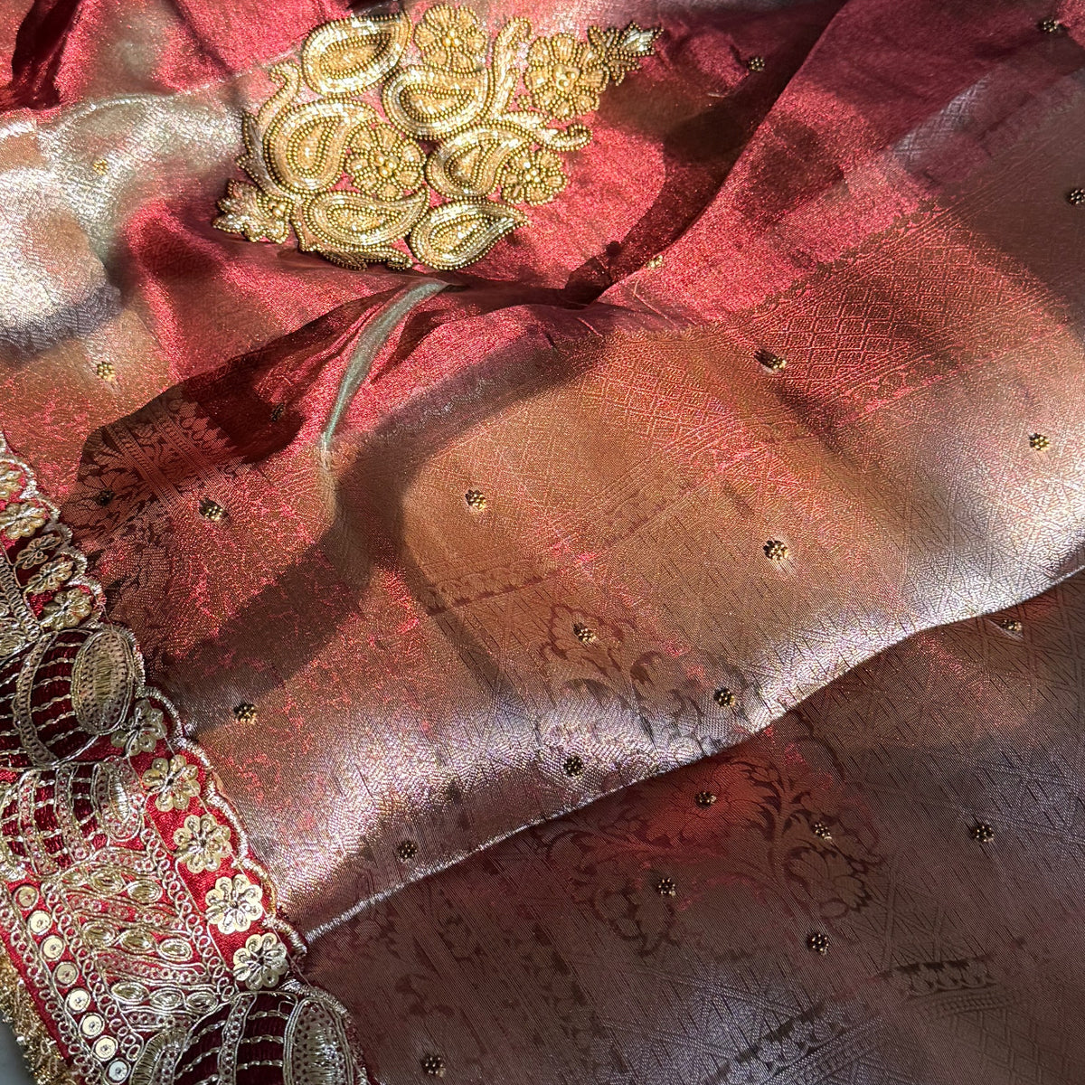 Teej special - Maroonish dhup chao red tissue silk hand embroidered ka ...