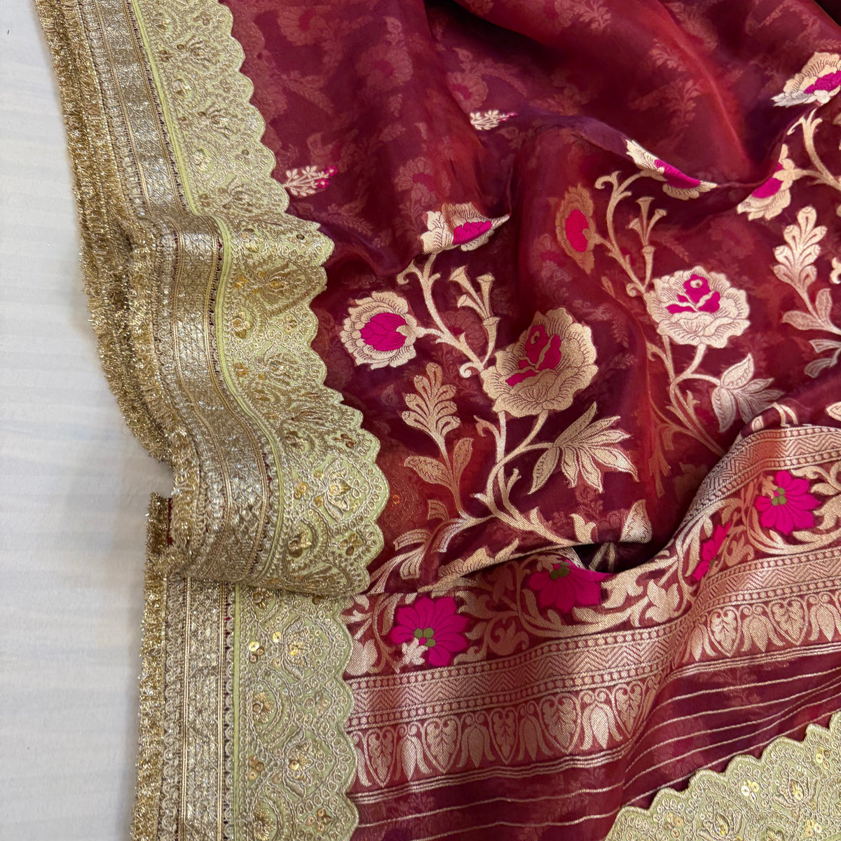 Cranberry pink maharani tissue silk meenakari saree – Safetyypins