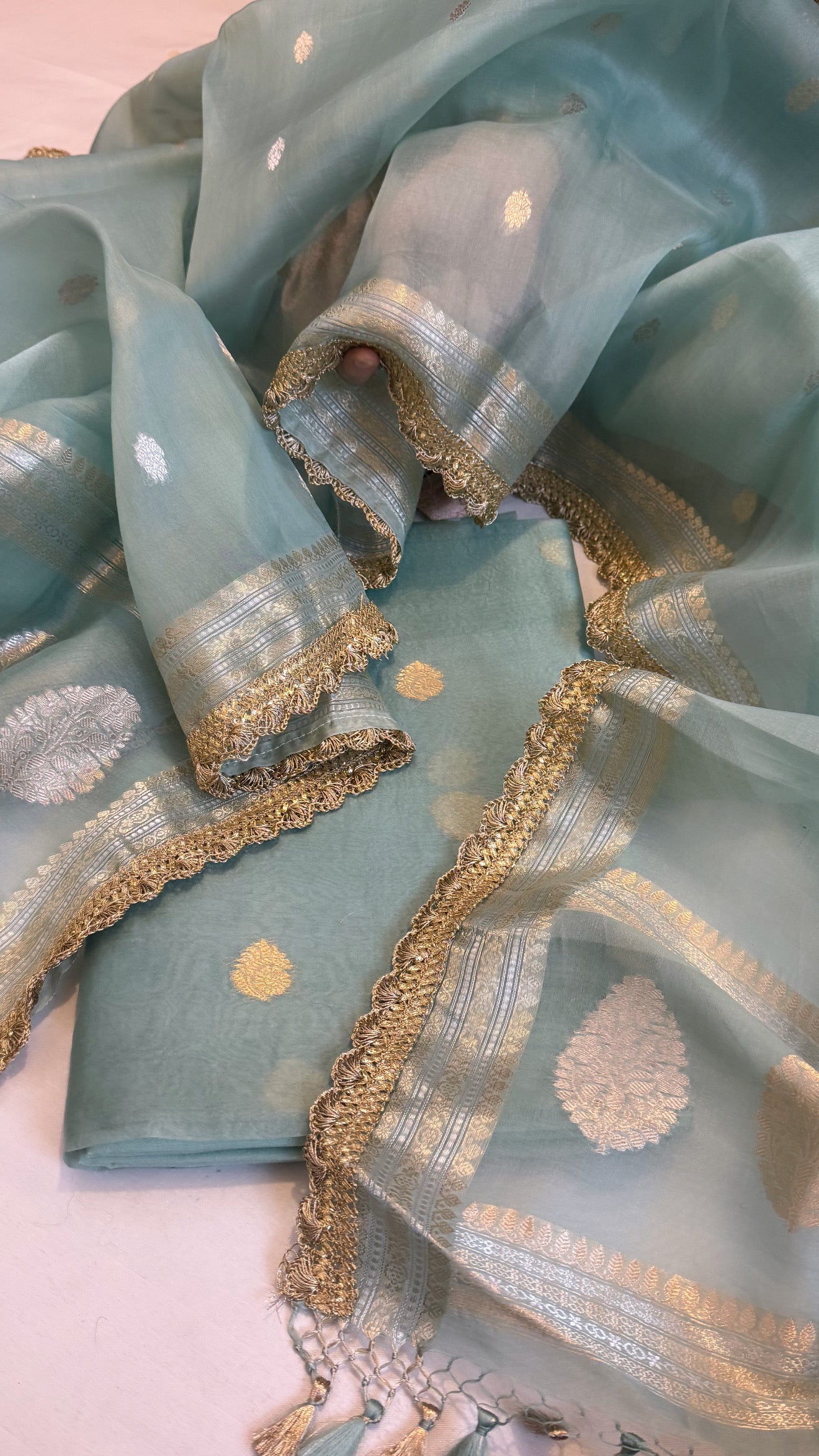 Banarasi powder blue kora silk kadhwa buti suit set – Safetyypins