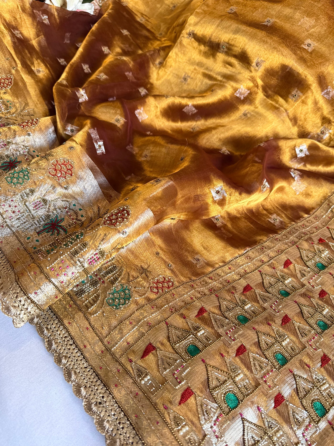 Ganga-darshan edit - Tissue silk kanjivaram bronze gold hand embroider ...