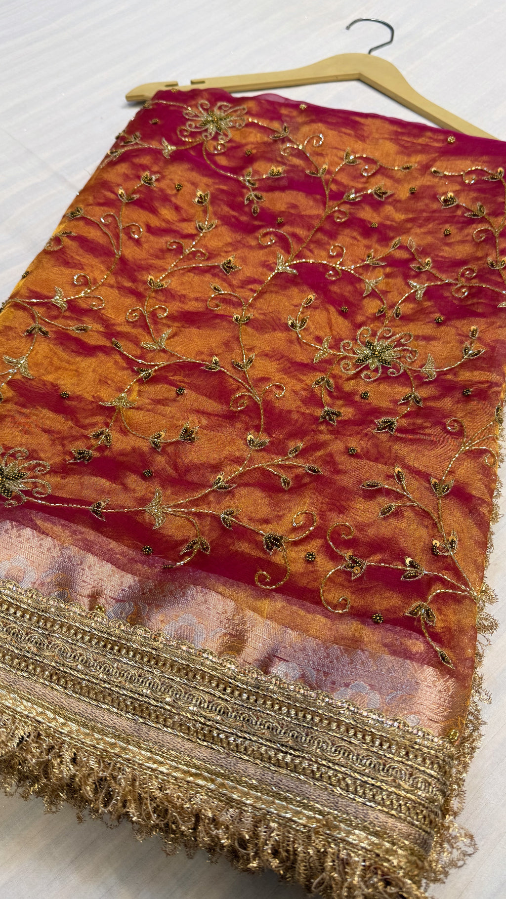 Trousseau edit — Rani pink and gold dhup chao effect husn tissue silk ...