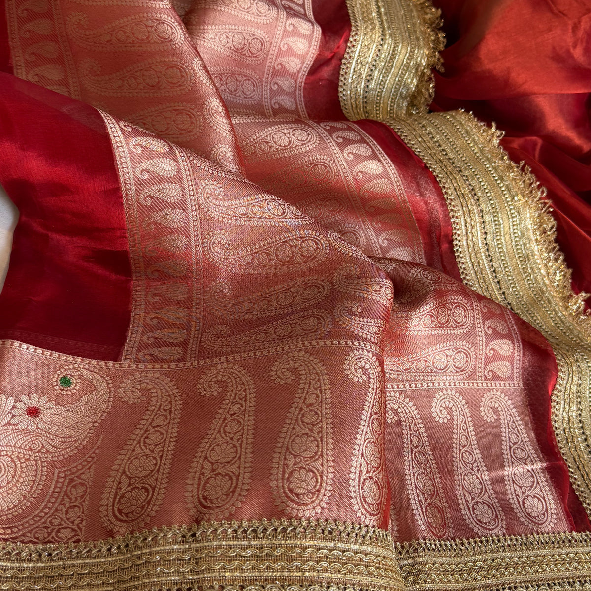 Viral maharani dhup chao red tissue silk meenakari border saree ...