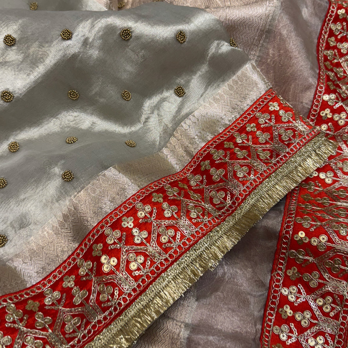 Diamond tissue silk chunri buti hand embroidered panetar saree ...