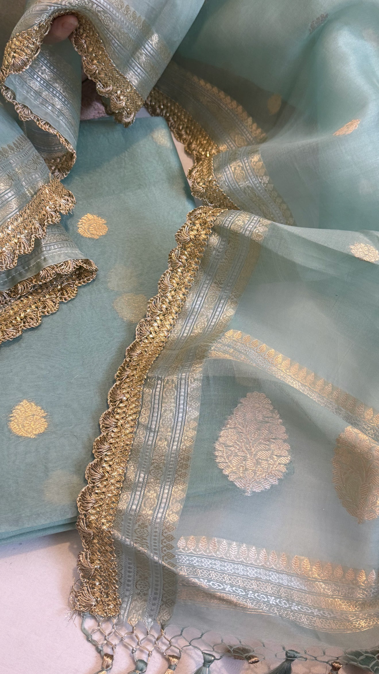 Banarasi powder blue kora silk kadhwa buti suit set – Safetyypins