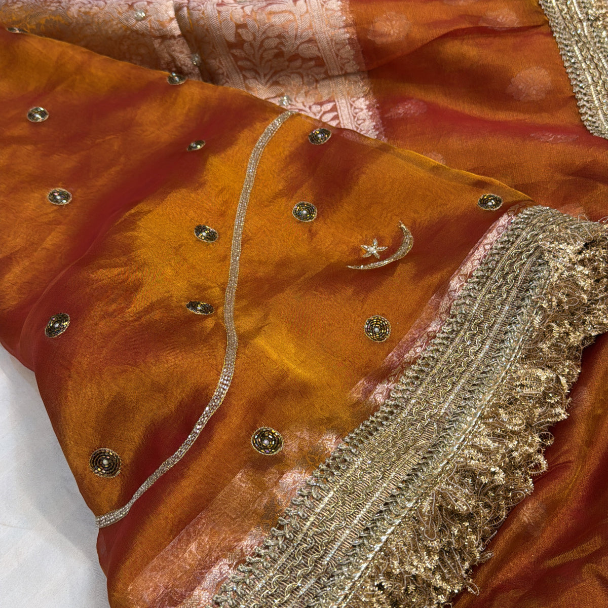 Dulhan wali saree - Rustic orange husn tissue silk hand embroidered sa ...
