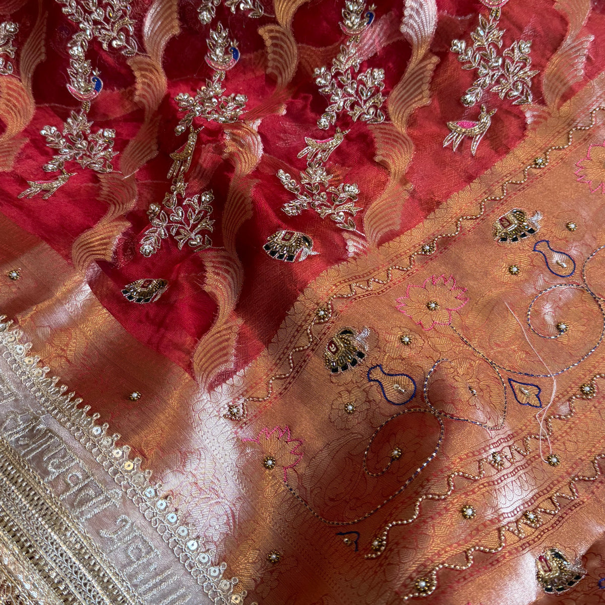 Nayi suhagan edit - Dhup chao blood red tissue silk zardozi and marodi ...