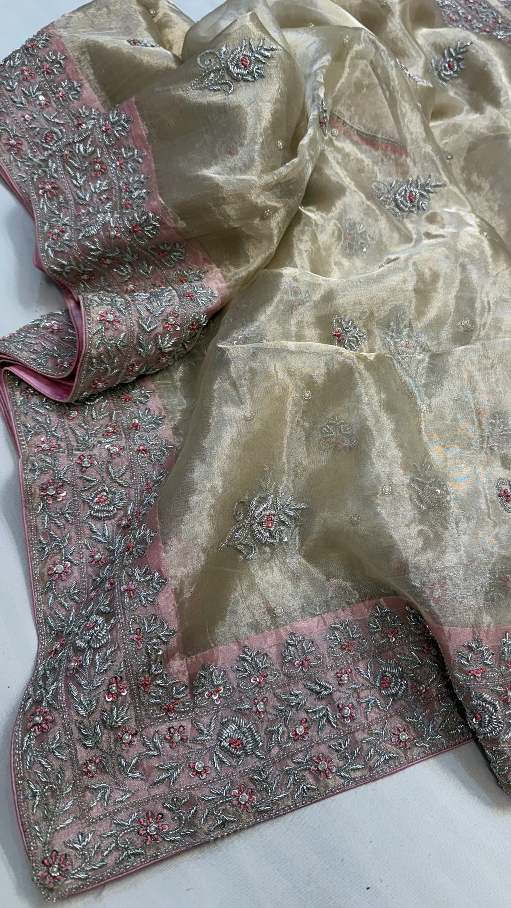 Gulab ki pankhuri husn tissue silk hand embroidered zardozi border sar ...