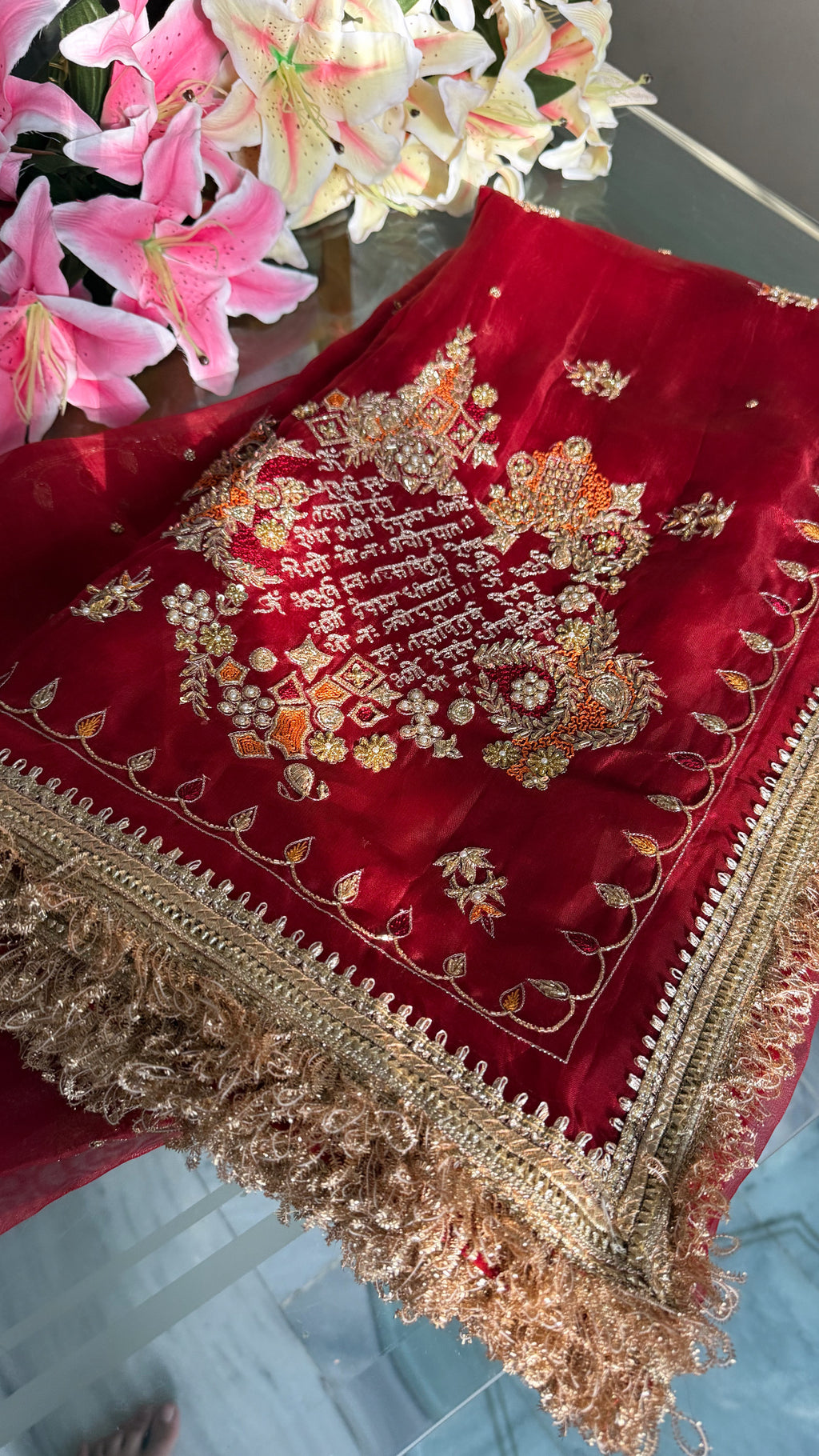 “Vidaai wali saree” - Dhup chao red tissue silk gayatri mantra hand em ...