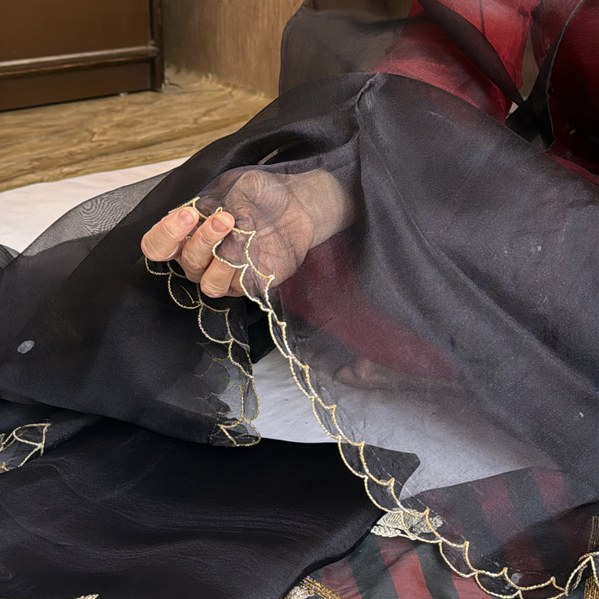 Black-red dhup chao effect katan silk striped kurta paired with Kora s ...
