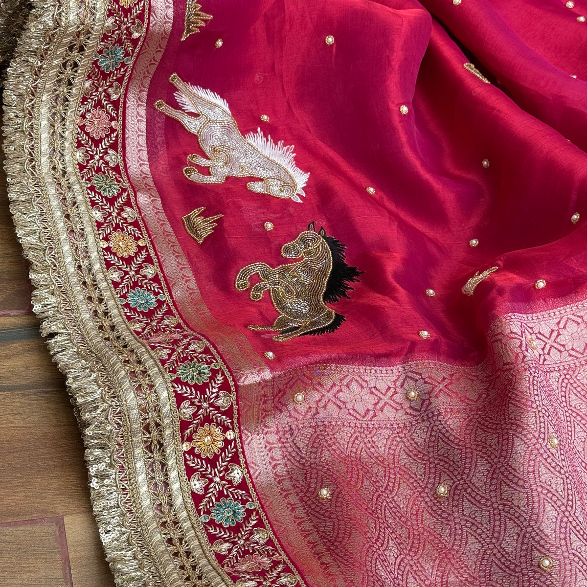 Horse hand embroidered motif cherry pinkish red dhup chao effect tissu ...