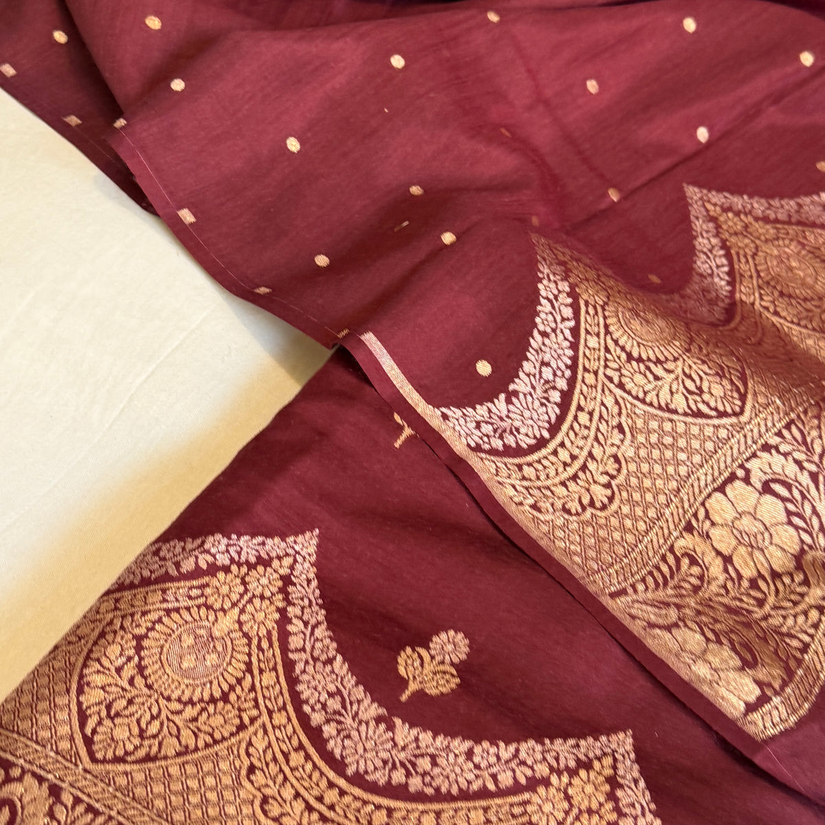 Moonga silk maroonish red scalloped border weaving kadhwa suit set ...