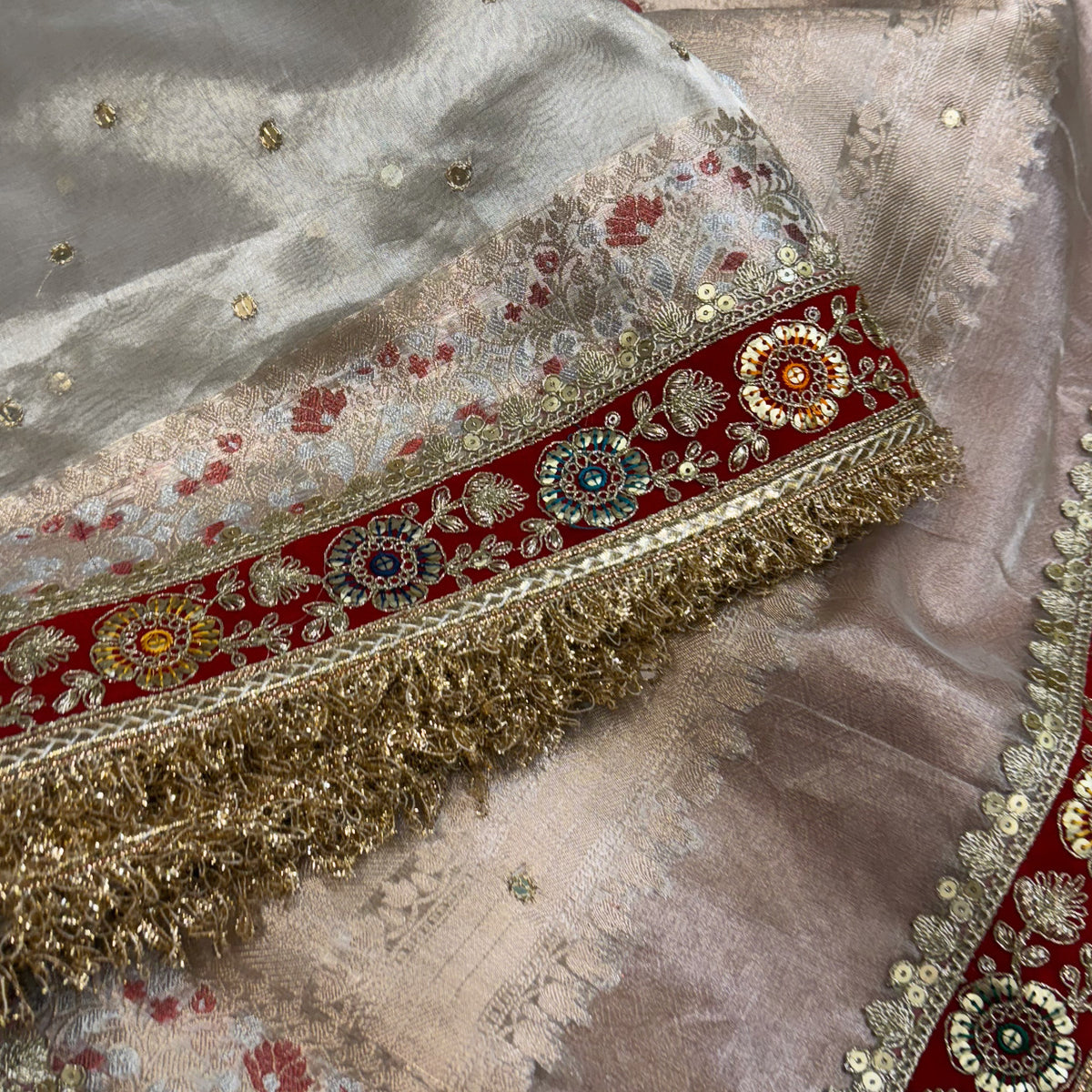 Diamond tissue silk chunri buti hand embroidered panetar saree ...