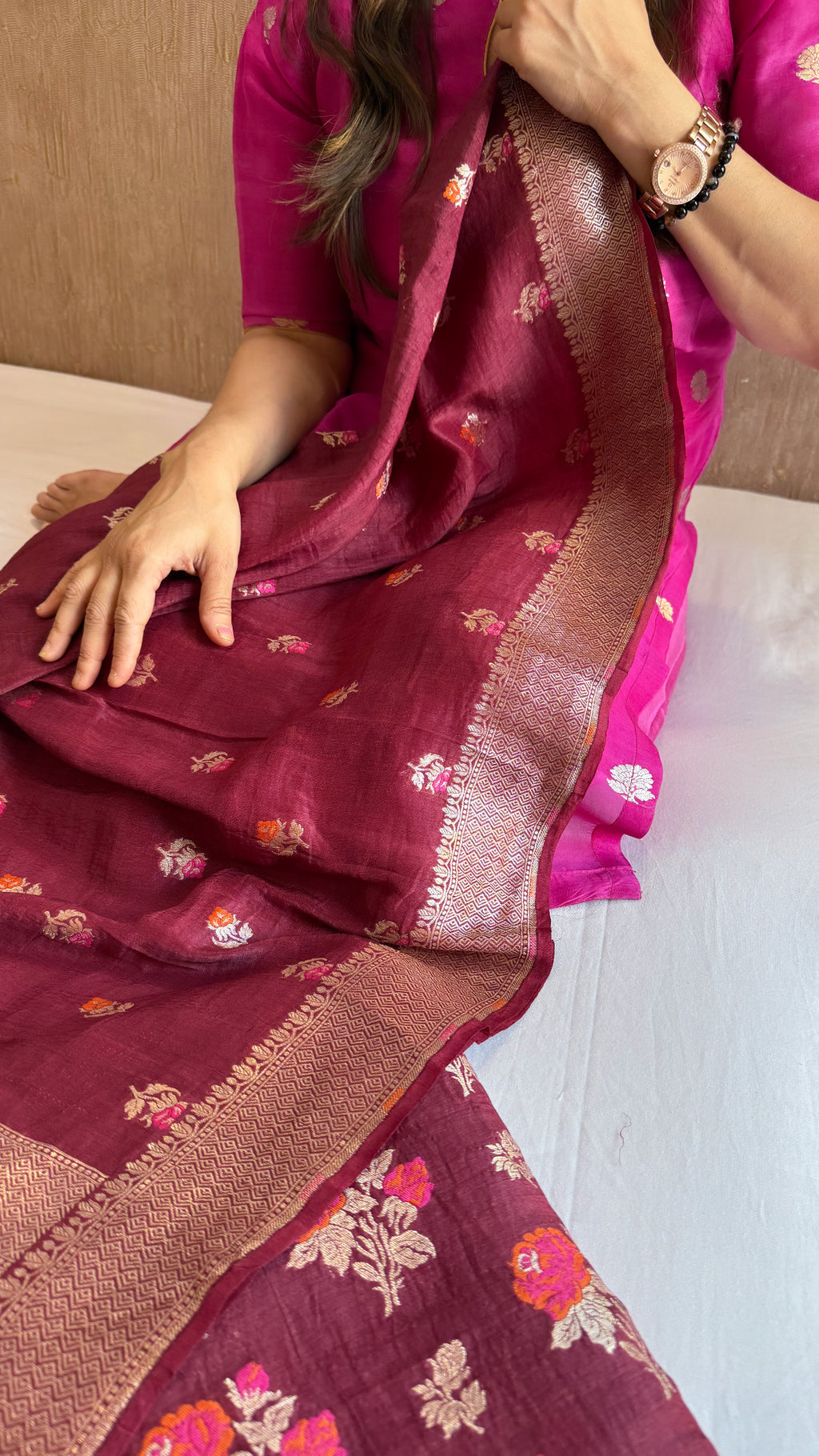 Linen gorgette burgundy kadhwa meenakari rose buta suit set – Safetyypins