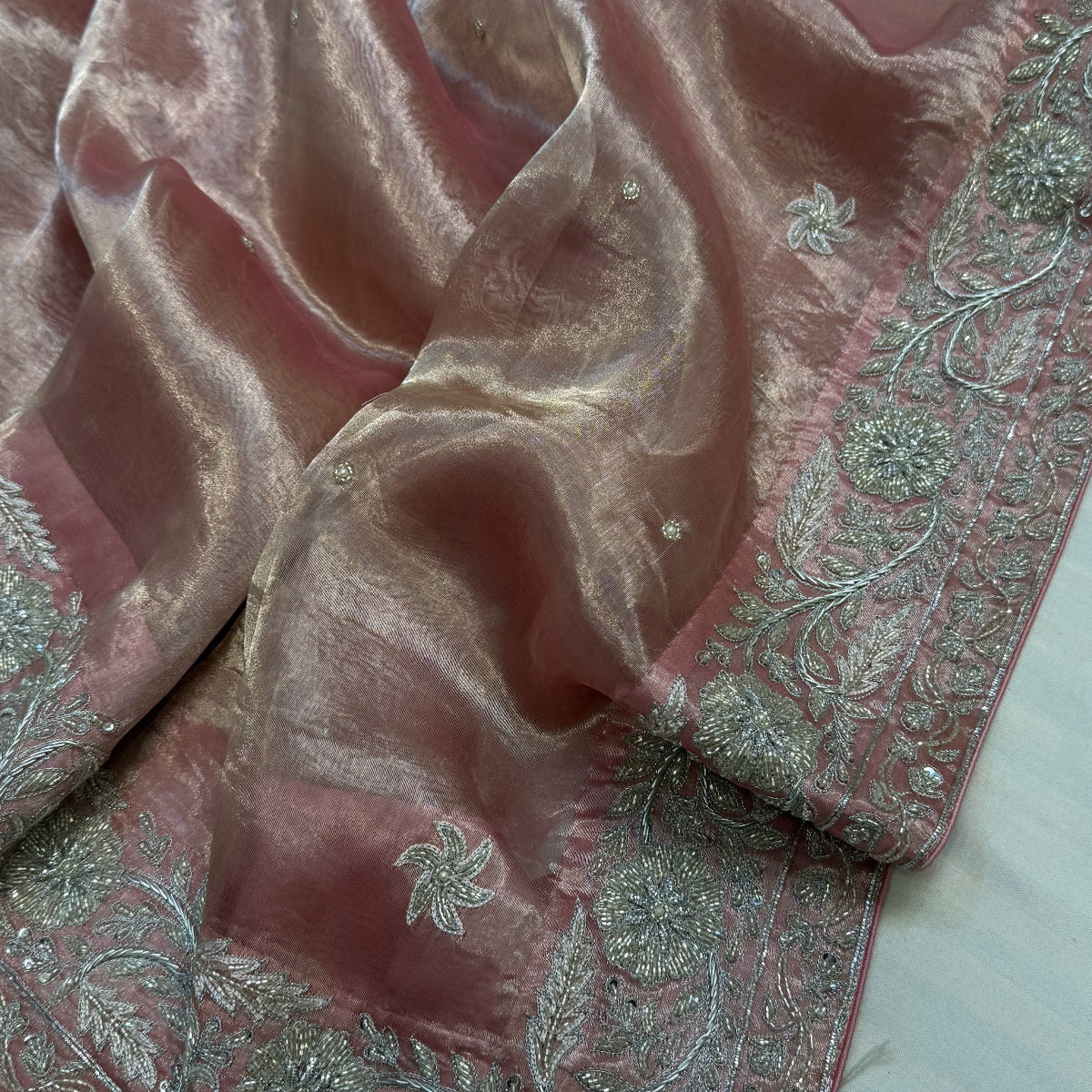 Gulab ki pankhuri husn tissue silk heavy zardozi border hand embroider ...