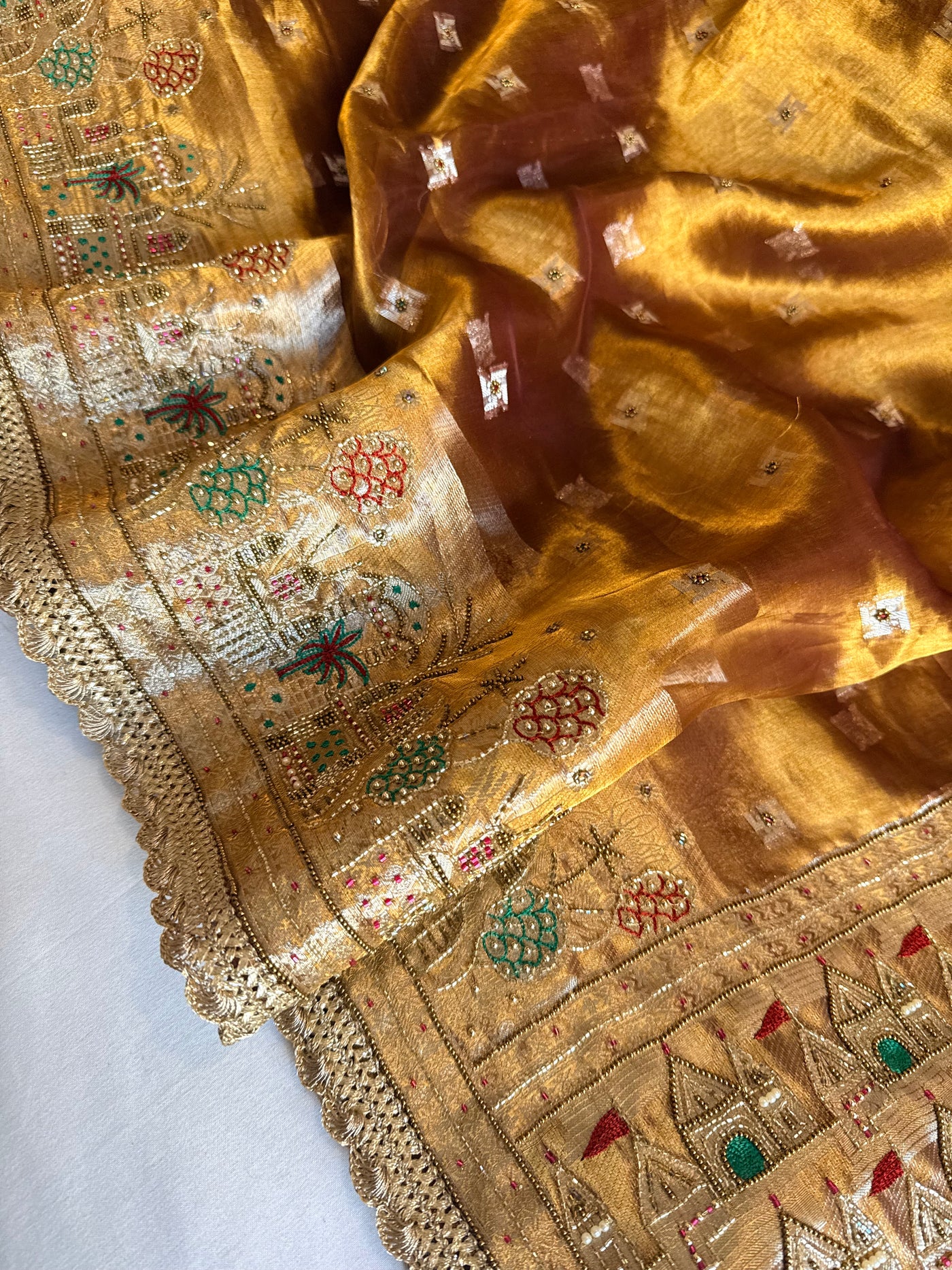 Ganga-darshan edit - Tissue silk kanjivaram bronze gold hand embroider ...