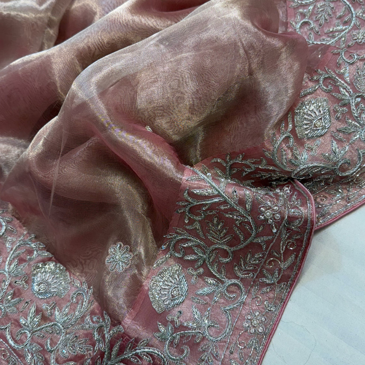 Gulab ki pankhuri husn tissue silk heavy zardozi border hand embroider ...