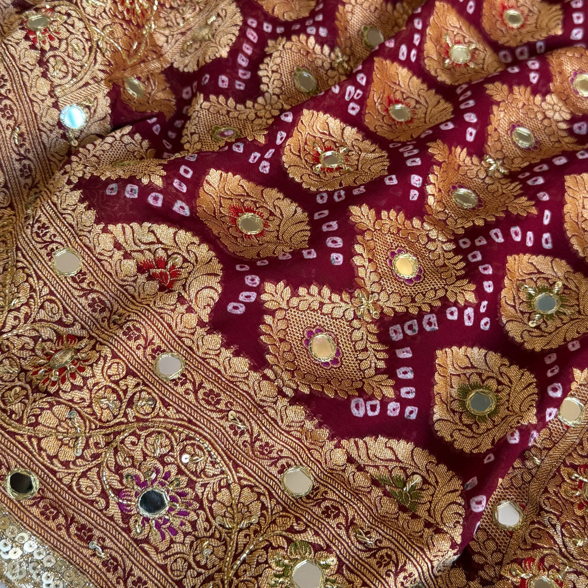 Maroonish red banarasi rai bandhej chiffon gorgette kadhwa hand embroi ...