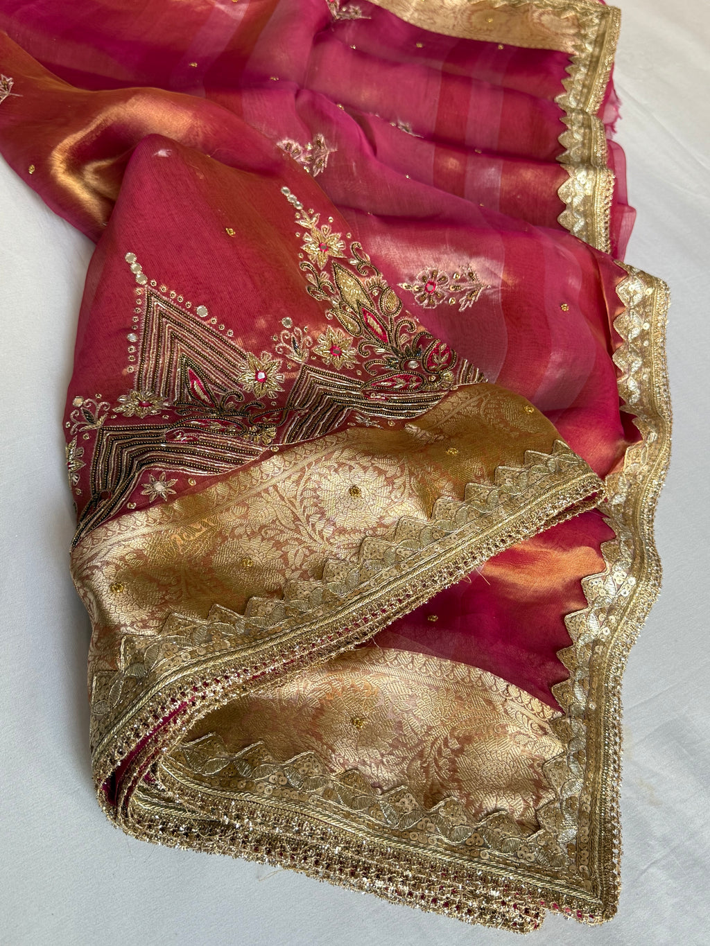 Mughal motif inspired- Hot rani pink dhup chao effect husn tissue silk ...